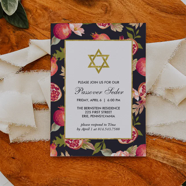 Pomegranates and Flowers with Gold Passover Seder Invitation | Zazzle
