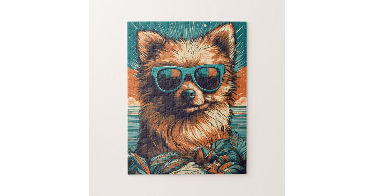 Pomeranian with Sunglasses at the beach Jigsaw Puzzle | Zazzle