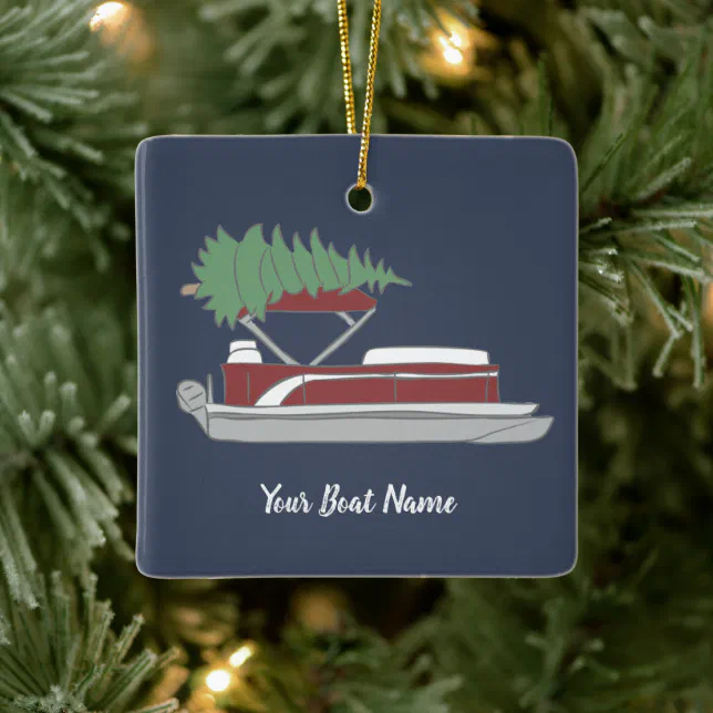 Pontoon Boat with Christmas Tree on Top Holiday Ceramic Ornament | Zazzle