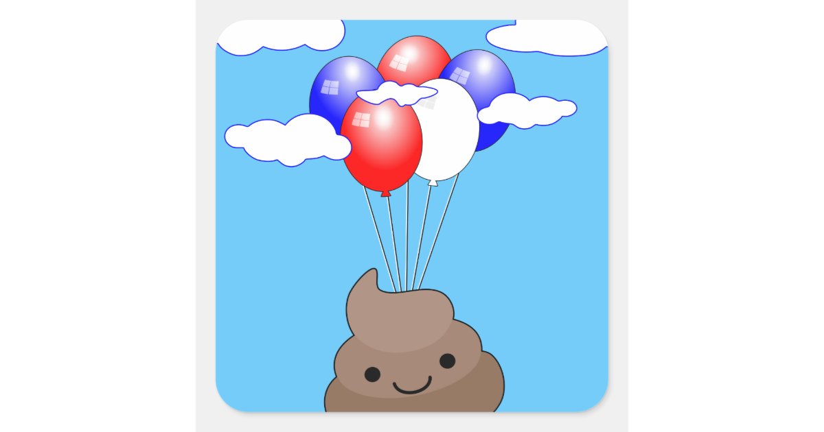 Poo Emoji Flying With Balloons In Blue Sky Square Sticker | Zazzle