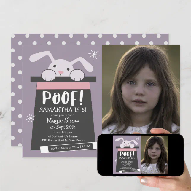 POOF Magic Show Birthday Party Bunny Photo Invitation | Zazzle