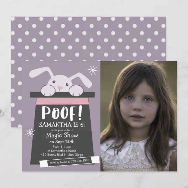 POOF Magic Show Birthday Party Bunny Photo Invitation | Zazzle