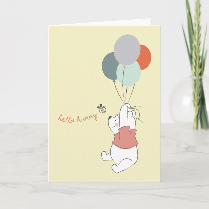 Pooh Floating With Balloons - Hello Hunny Card | Zazzle