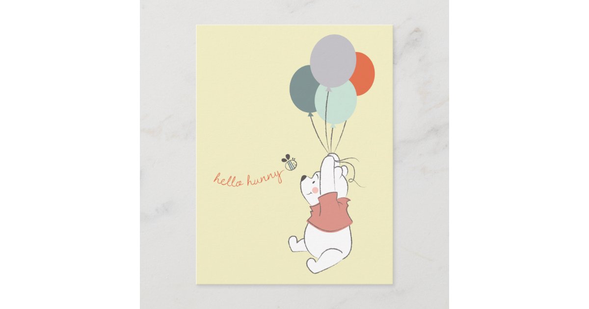 Pooh Floating With Balloons - Hello Hunny Postcard | Zazzle