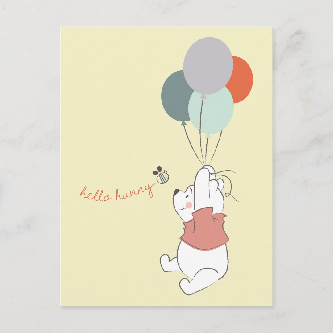 Pooh Floating With Balloons - Hello Hunny Postcard | Zazzle
