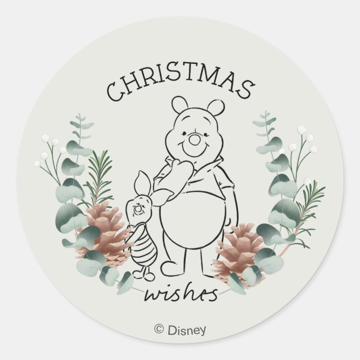 Pooh & Piglet | Christmas Wishes Wreath Classic Round Sticker | Zazzle