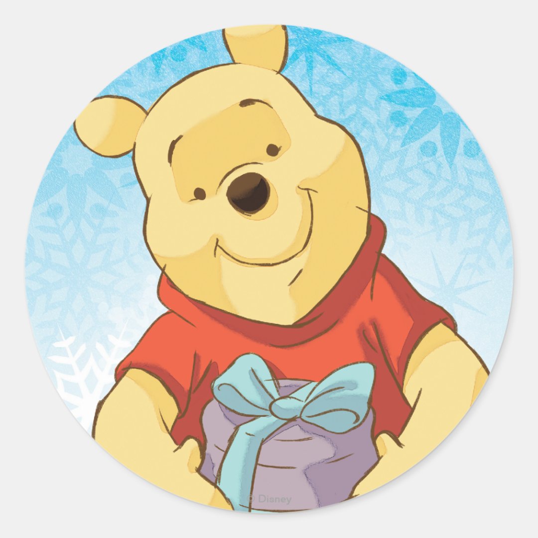 Pooh With Gift Classic Round Sticker | Zazzle