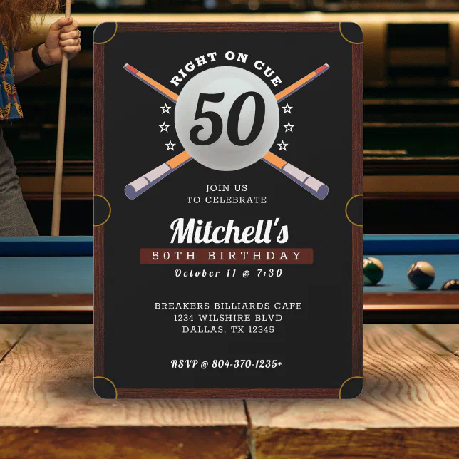 Pool Billiards 50th Birthday Party Black Invitation | Zazzle