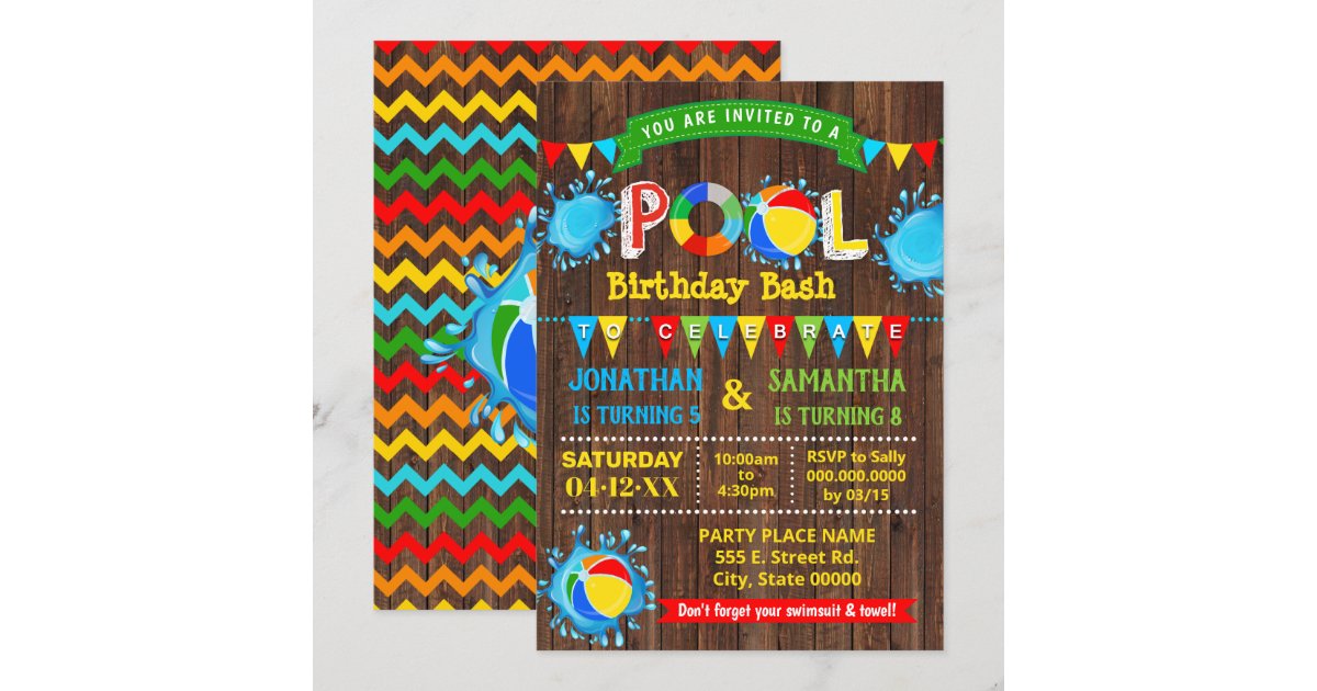Pool birthday bash siblings combined party wood invitation | Zazzle