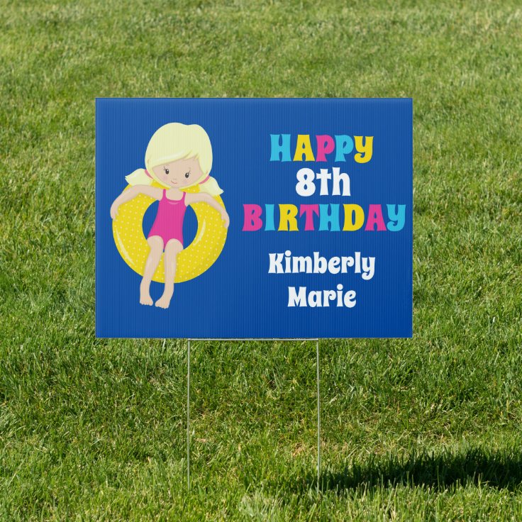 Pool Birthday Party Blonde Swim Girl Custom Yard Sign | Zazzle