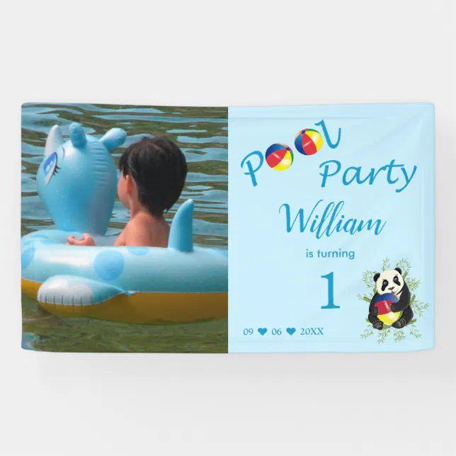 Pool Birthday Party Cute Panda Playing Ball Banner | Zazzle