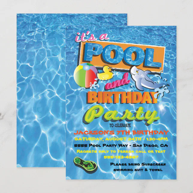 Pool Birthday Party Invitations with pool toys | Zazzle