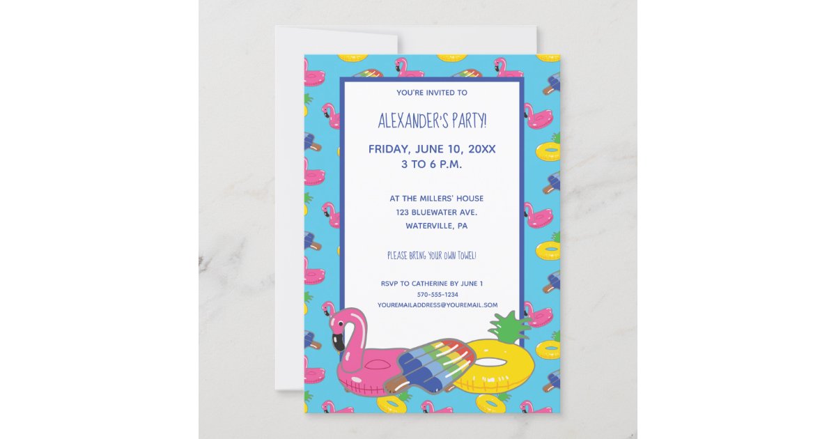 Pool Float Patterned Pool Party Custom Invitation | Zazzle