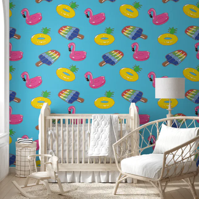 Pool Floats Patterned Bright Blue and Pink Summer Wallpaper | Zazzle