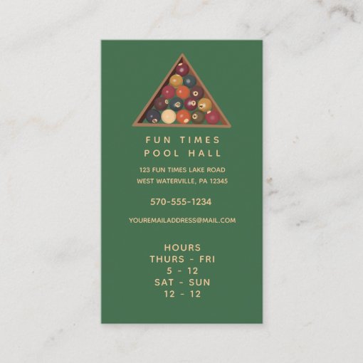 Pool Hall Billiards Business Card with Hours | Zazzle
