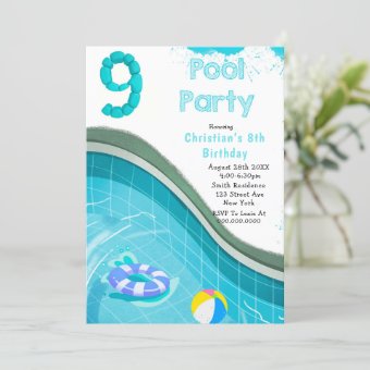 Pool Party 9th Birthday Party Invitations | Zazzle