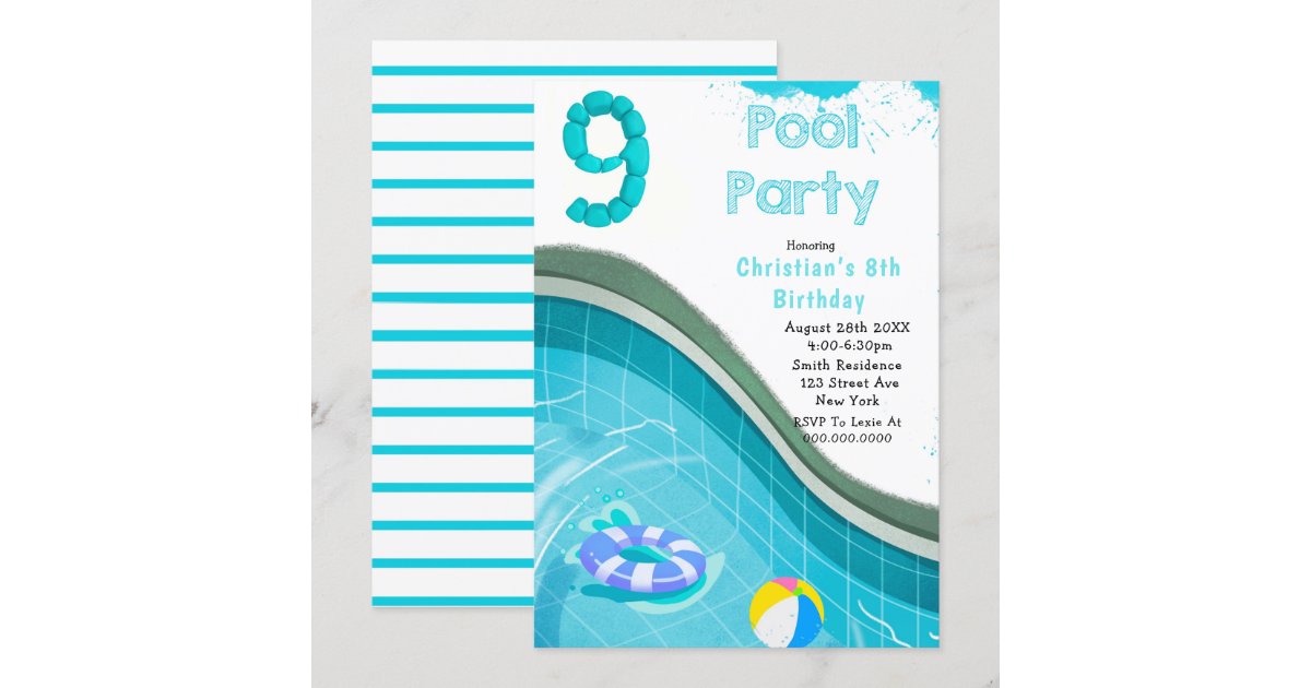 Pool Party 9th Birthday Party Invitations | Zazzle