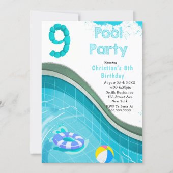 Pool Party 9th Birthday Party Invitations | Zazzle