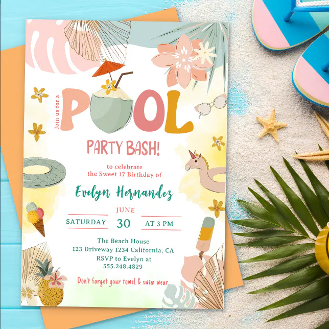 Pool Party Bash Birthday Party Invitation | Zazzle