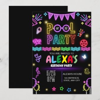 Pool Party Birthday Invitation, Neon Party Invitation | Zazzle