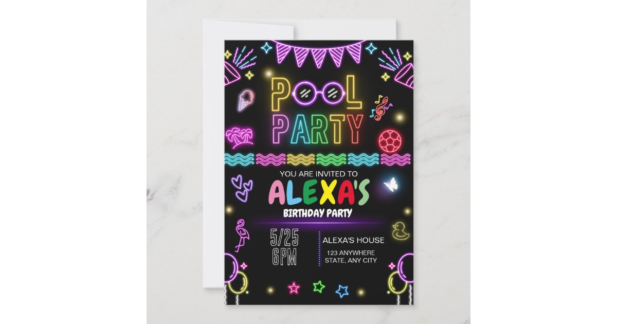 Pool Party Birthday Invitation, Neon Party Invitation | Zazzle