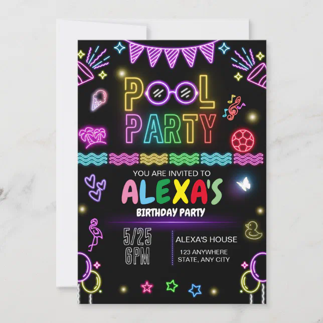Pool Party Birthday Invitation, Neon Party Invitation | Zazzle