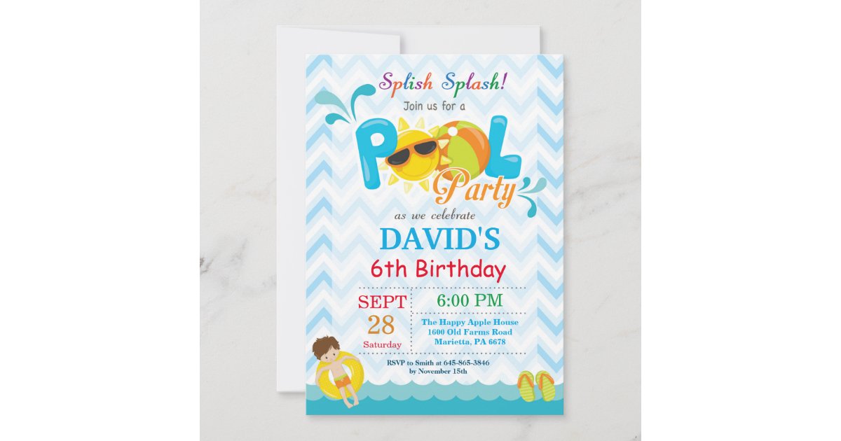 Pool Party Birthday Invitation Splish Splash Boy | Zazzle