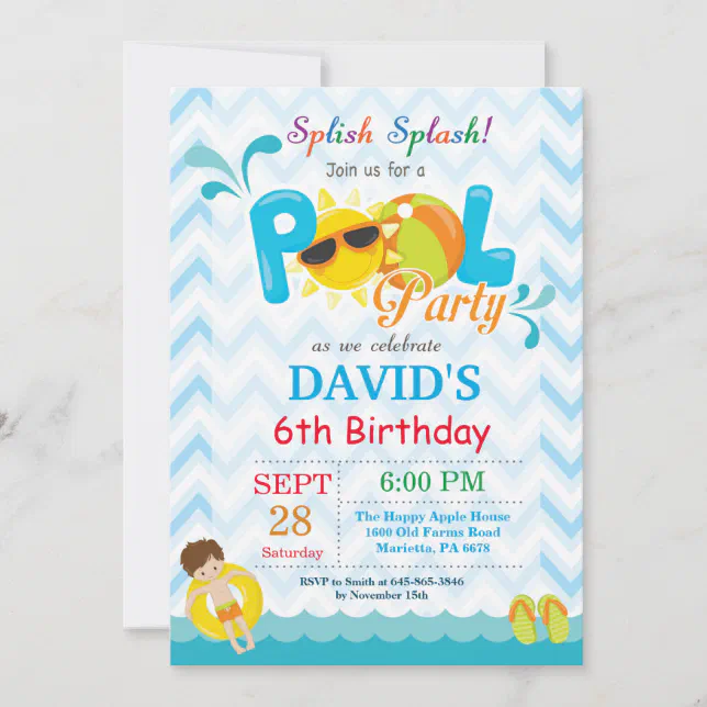 Pool Party Birthday Invitation Splish Splash Boy | Zazzle