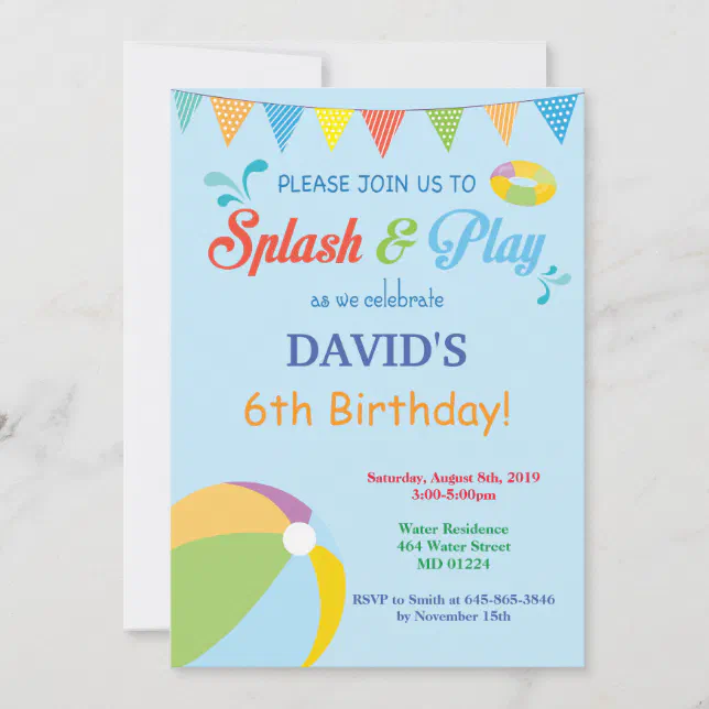 Pool Party Birthday Invitation Splish Splash Boy | Zazzle