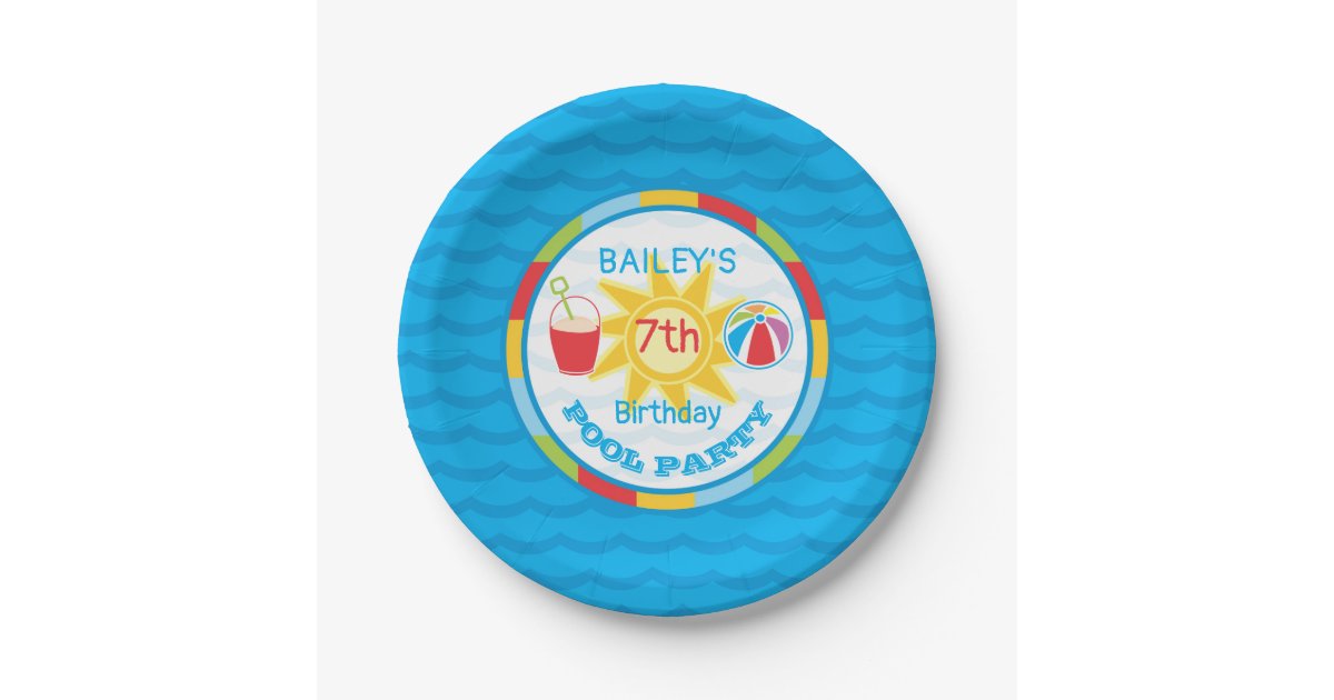 Pool Party Birthday Paper Plates in Primary Colors | Zazzle