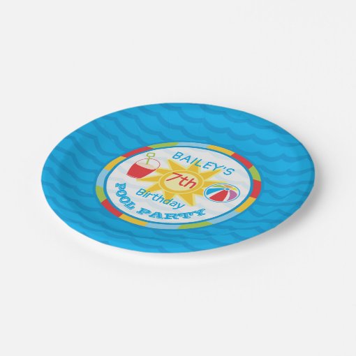Pool Party Birthday Paper Plates in Primary Colors | Zazzle