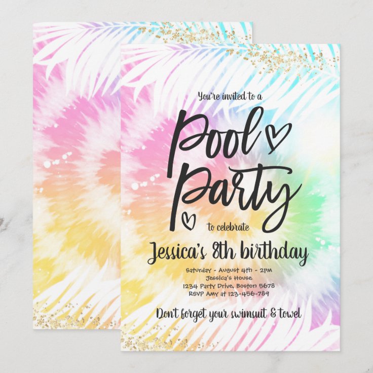 Pool Party Birthday Pink Tie Dye Girly Pool Party Invitation | Zazzle