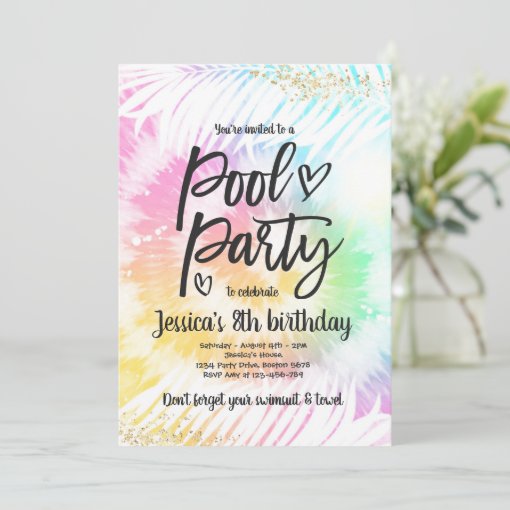 Pool Party Birthday Pink Tie Dye Girly Pool Party Invitation | Zazzle