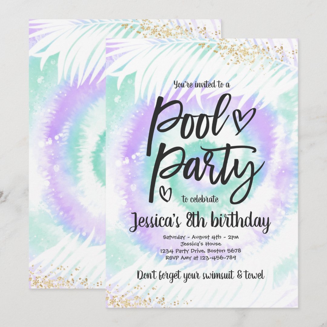 Pool Party Birthday Purple Tie Dye Pool Party Invitation | Zazzle