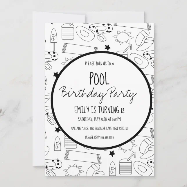 Pool Party Black White Color Pattern Invitation | Zazzle