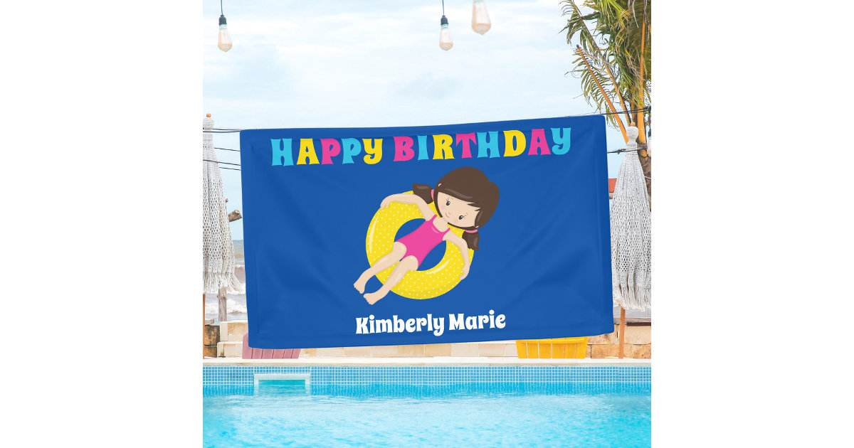 Pool Party Custom Swimming Girl Happy Birthday Banner | Zazzle