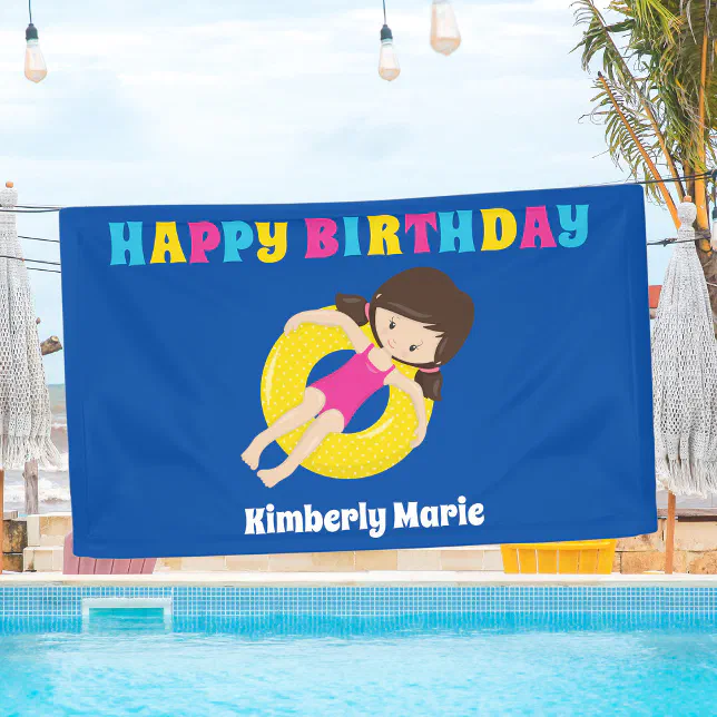 Pool Party Custom Swimming Girl Happy Birthday Banner | Zazzle