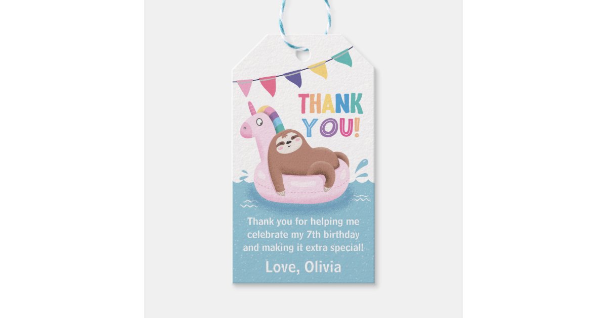 Pool Party Cute Sloth Summer Birthday Thank You Gift Tags | Zazzle