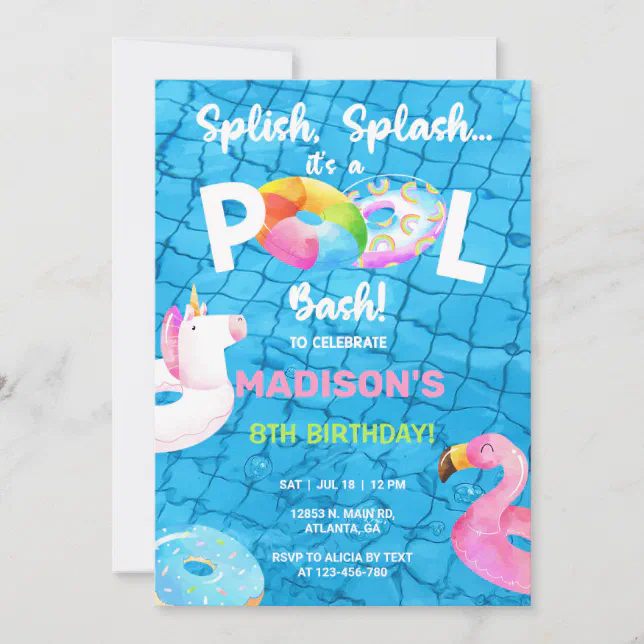 Pool party & floaties birthday invitation, girl. invitation | Zazzle