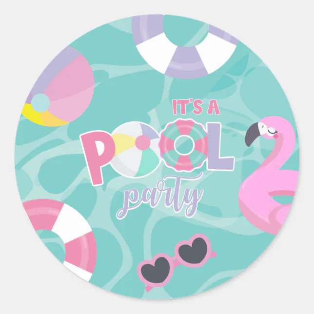 Pool party Girl Pink and Purple Birthday Classic Round Sticker | Zazzle