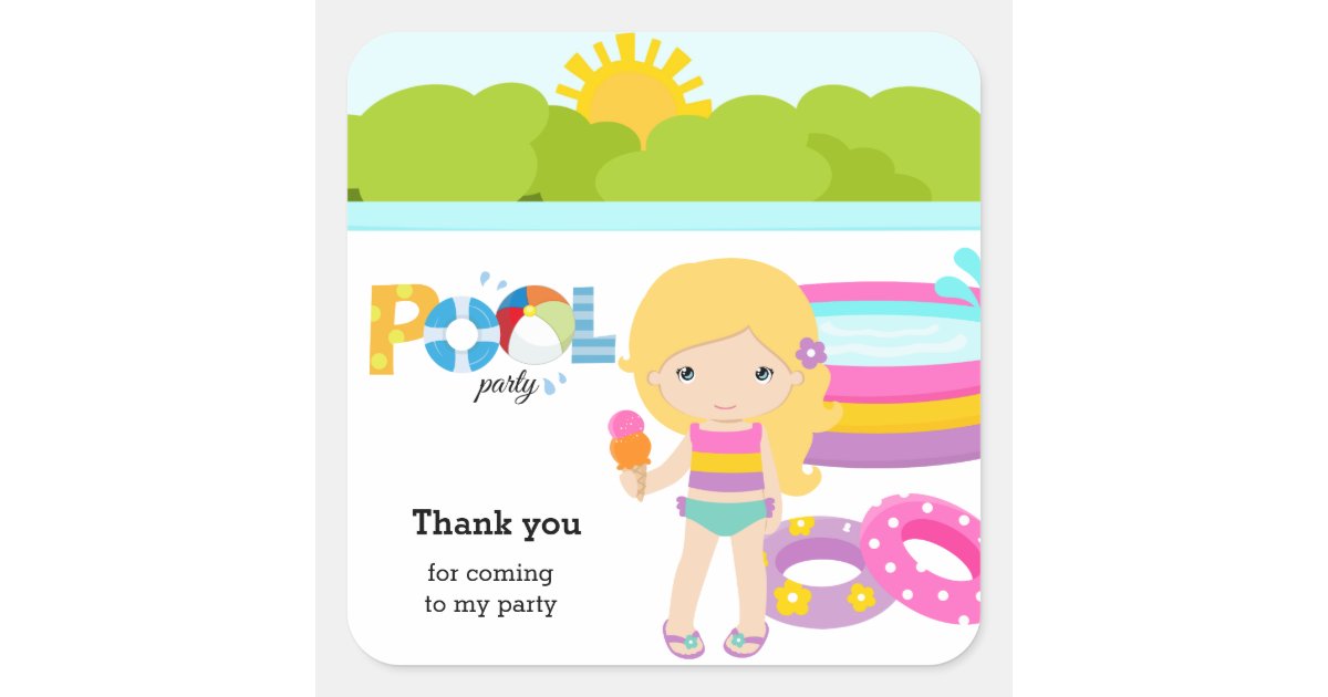 Pool party girl square sticker | Zazzle