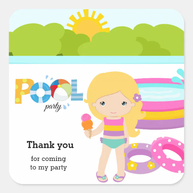 Pool party girl square sticker | Zazzle