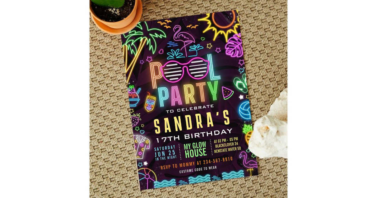 Pool Party Glow 17th Birthday Editable Invitation | Zazzle