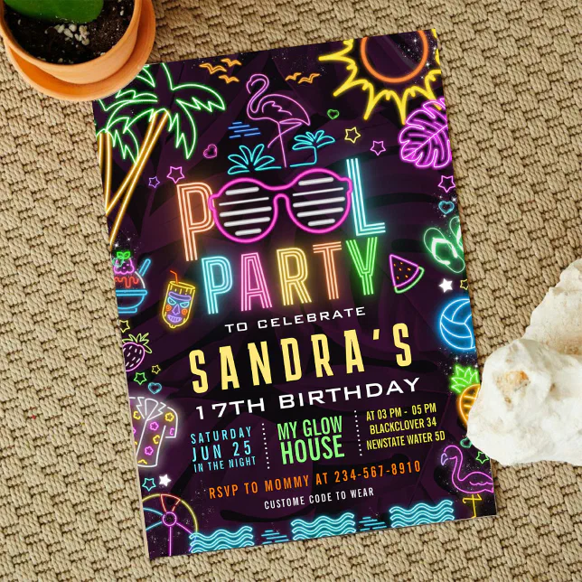 Pool Party Glow 17th Birthday Editable Invitation | Zazzle