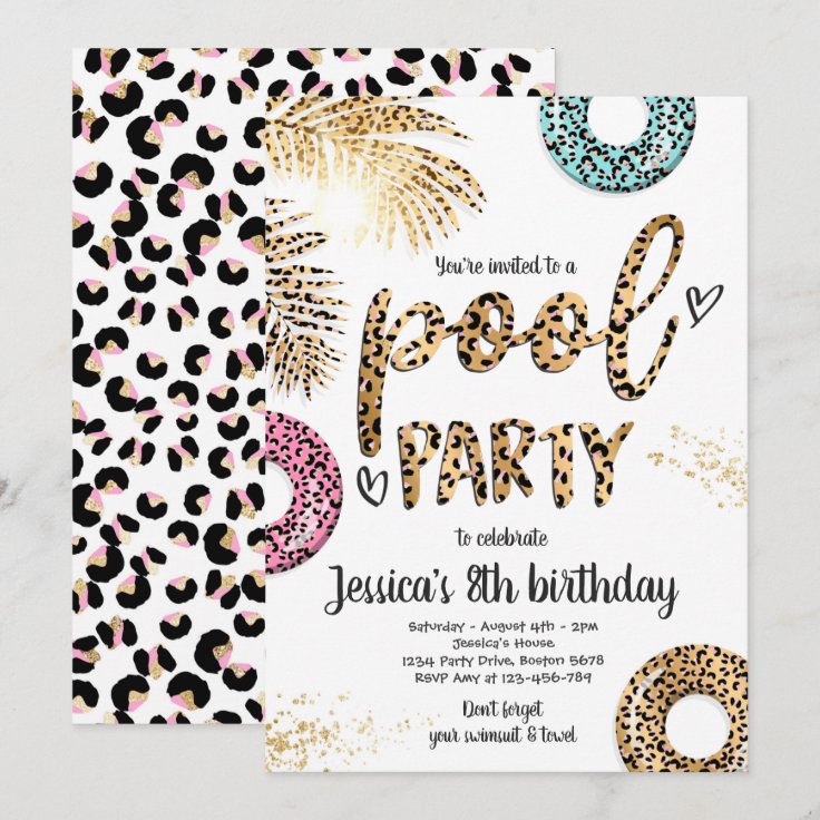Pool Party Gold Leopard Print Pool Birthday Invitation | Zazzle