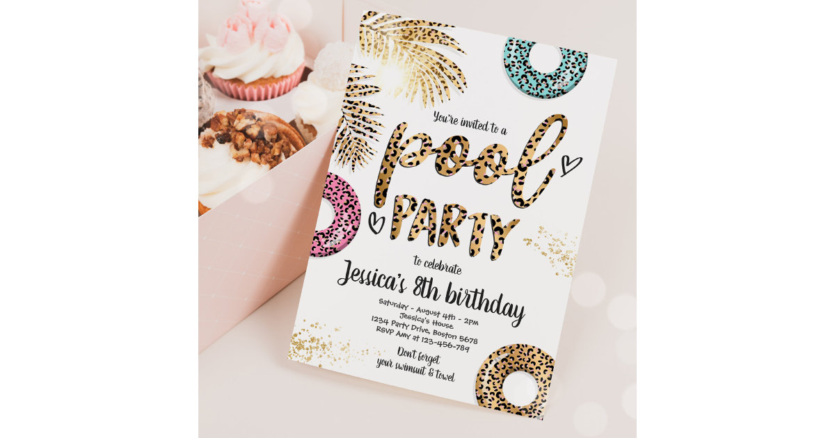 Pool Party Gold Leopard Print Pool Birthday Invitation | Zazzle