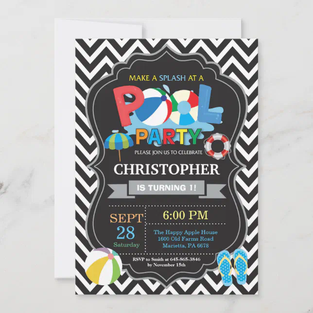 Pool Party Invitation Black Splish Splash Boy | Zazzle