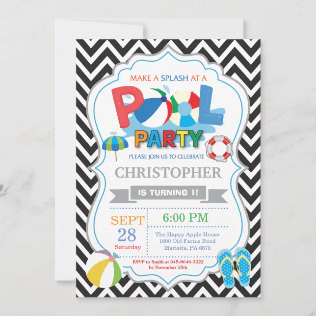 Pool Party Invitation Black Splish Splash Boy | Zazzle