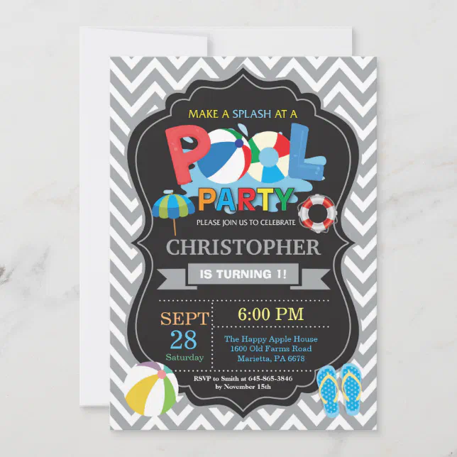 Pool Party Invitation Gray Splish Splash Boy | Zazzle