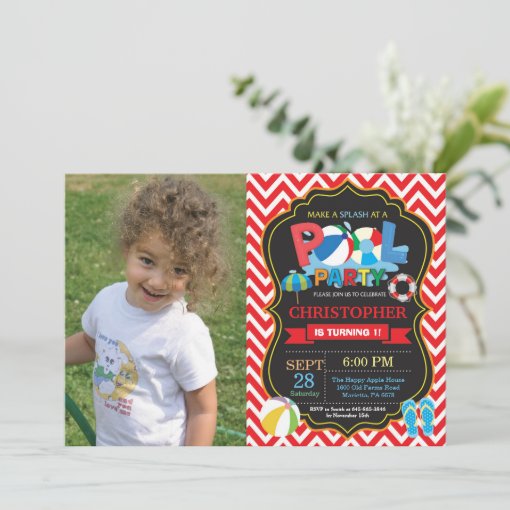 Pool Party Invitation Red Splish Splash Boy | Zazzle